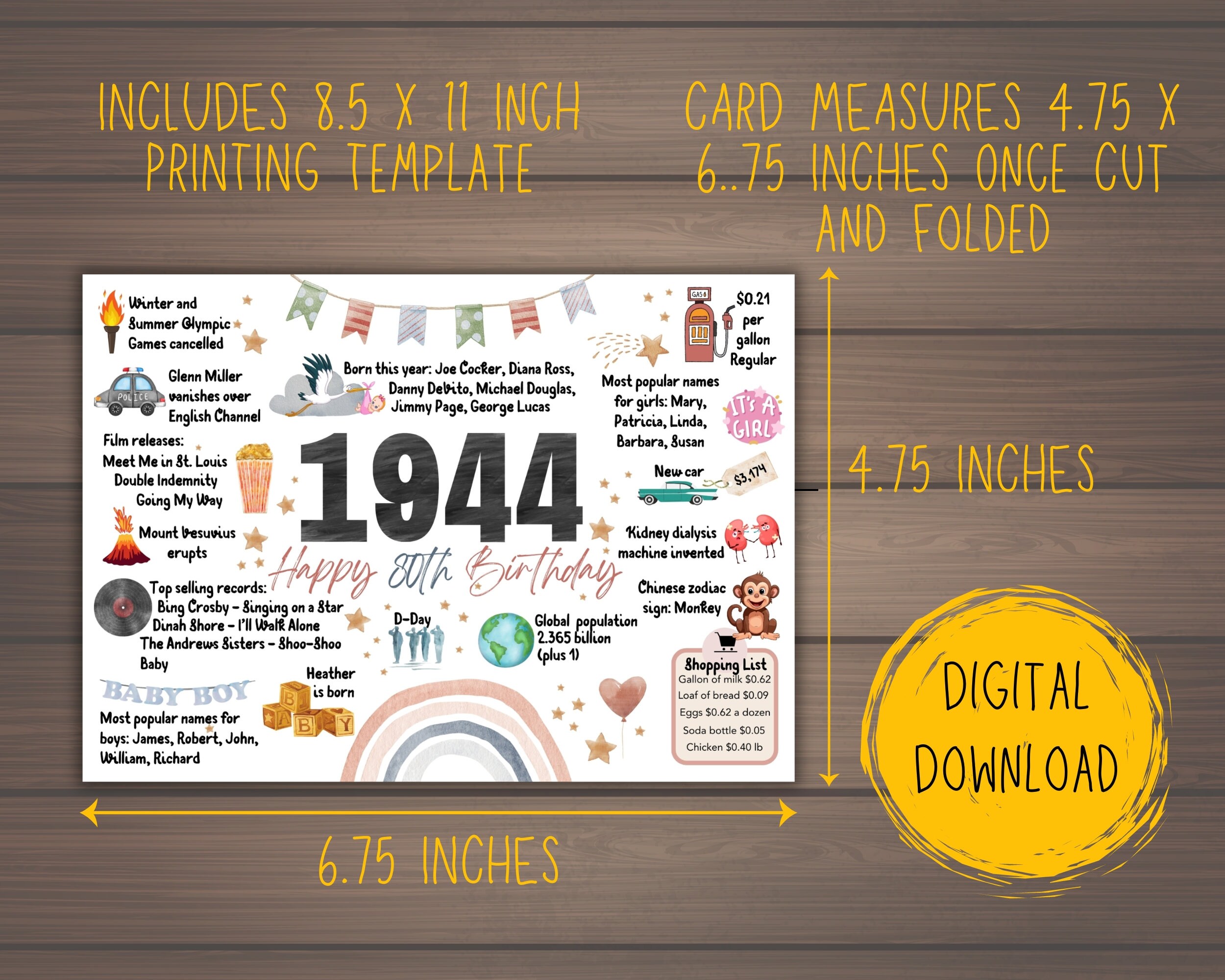 Printable Birthday Card, Happy Birthday 1944, Birthday Card Born in ...