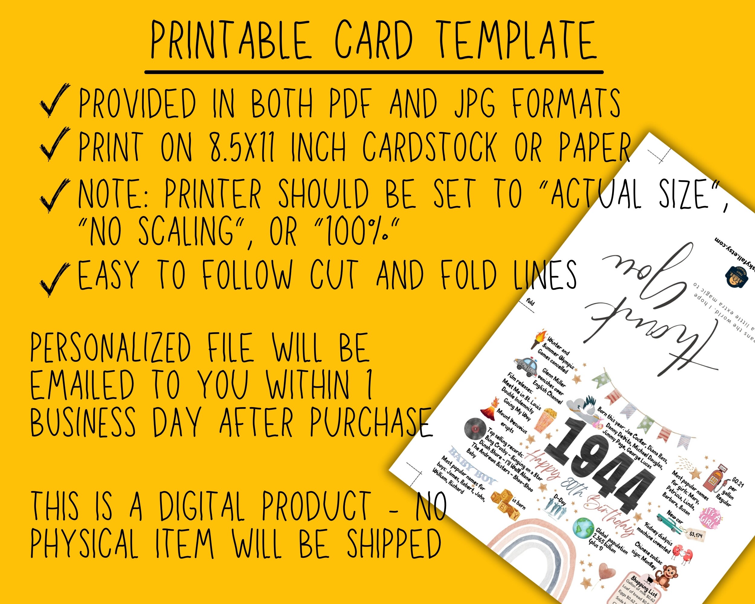 Printable Birthday Card, Happy Birthday 1944, Birthday Card Born in ...