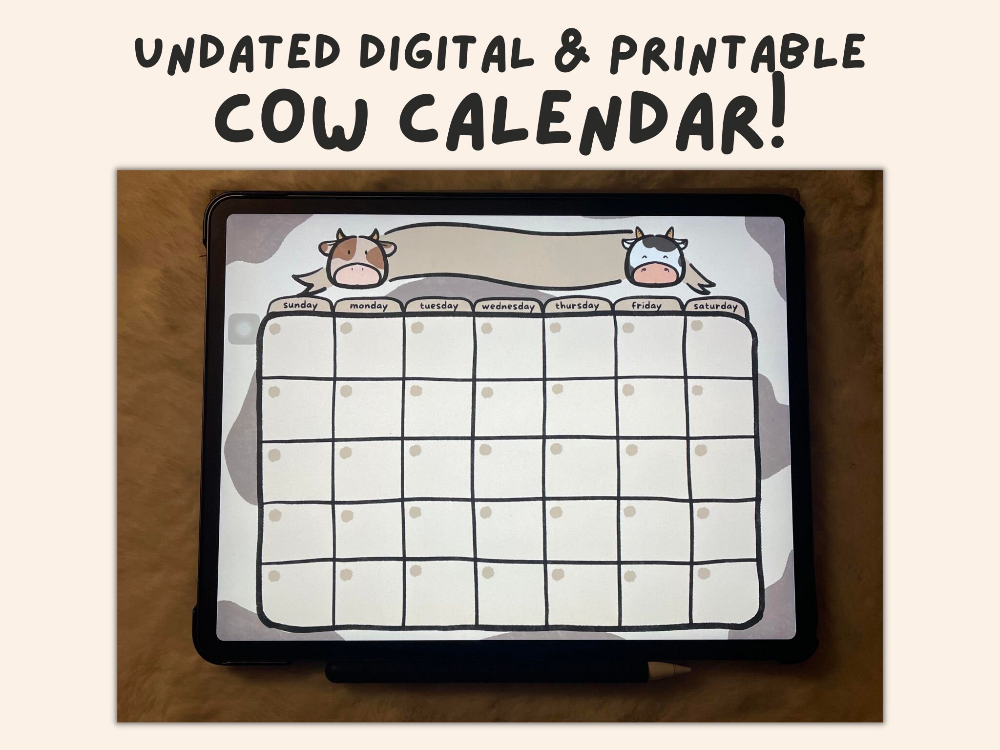 Kawaii Cow, Cute Cow, Undated Digital Calendar/planner, Printable ...