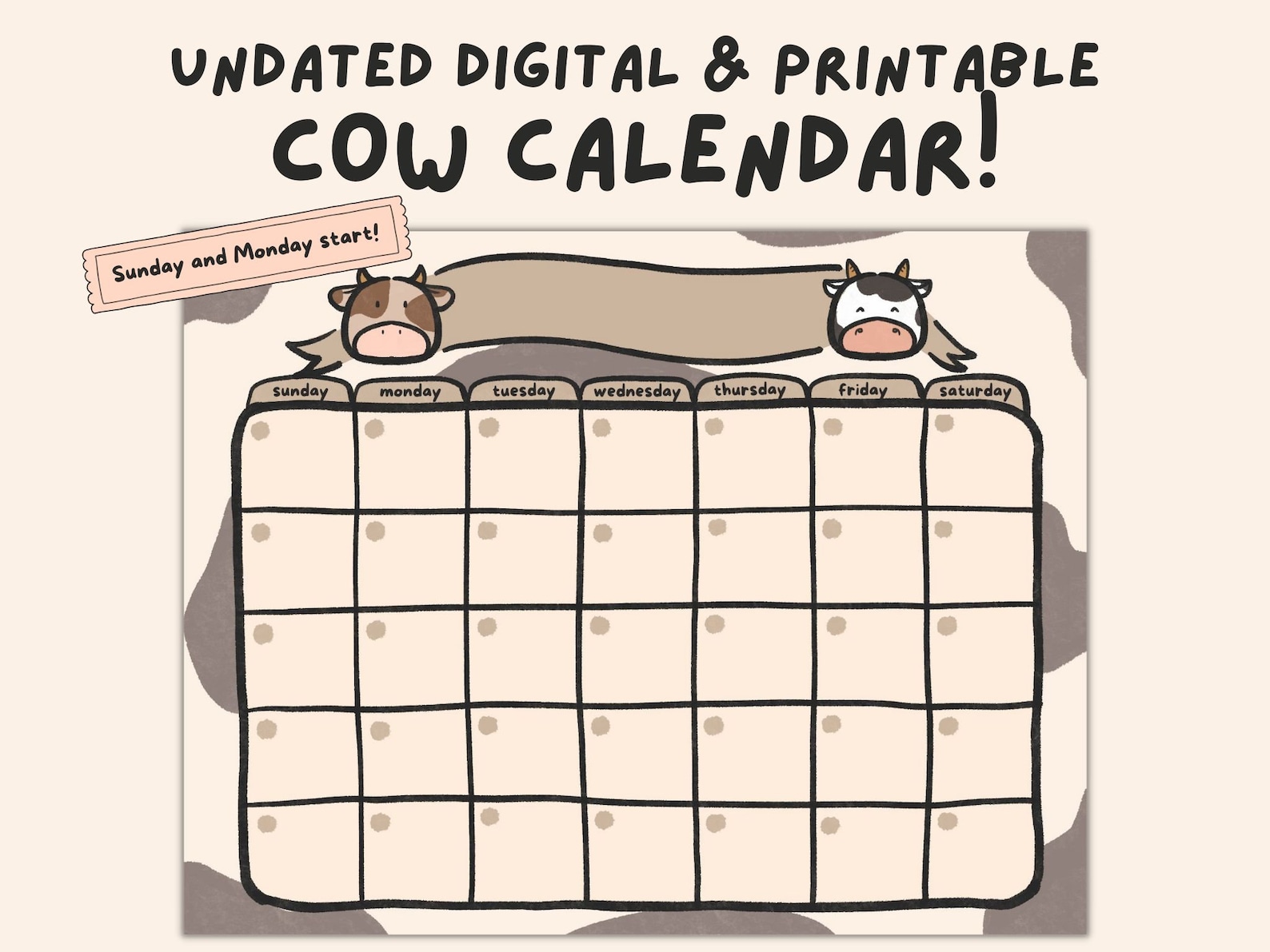 Kawaii Cow, Cute Cow, Undated Digital Calendar/planner, Printable ...