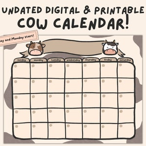 Kawaii Cow, Cute Cow, Undated Digital Calendar/planner, Printable ...