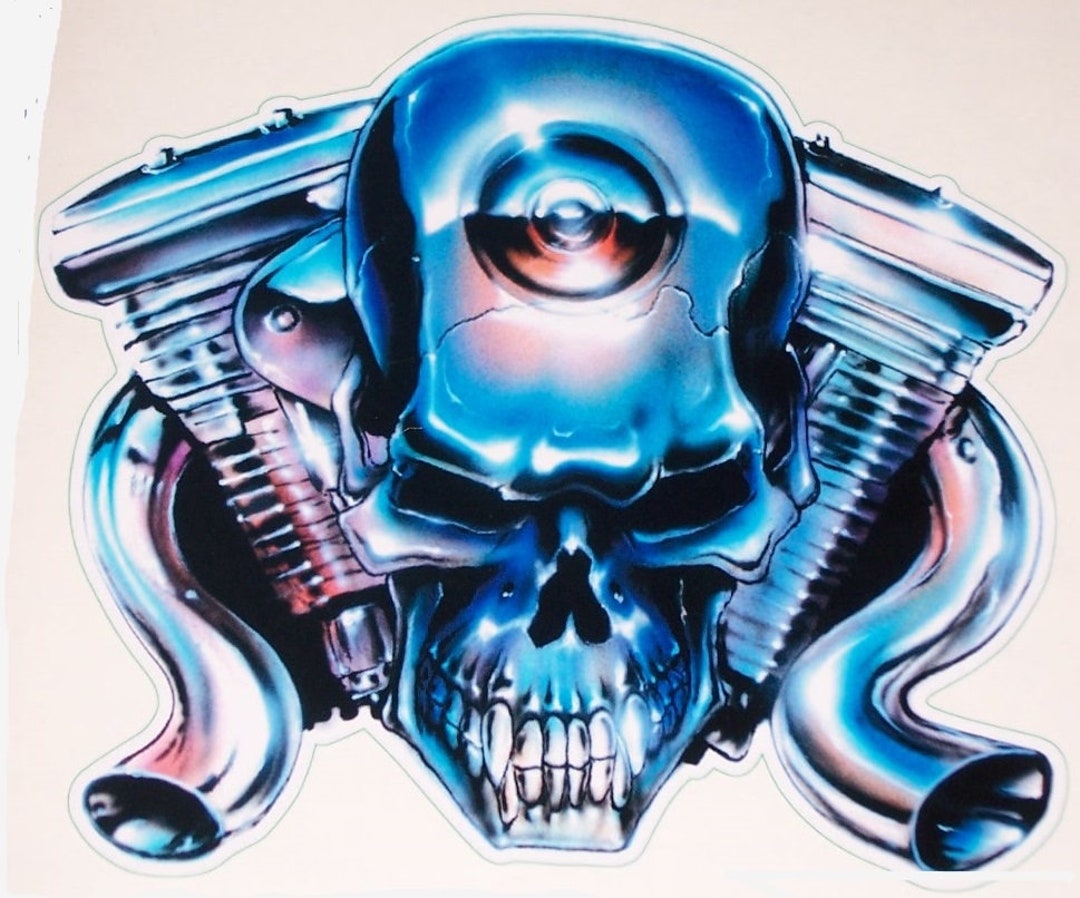 BLUE Biker Motorcycle Engine Skull Decal / Sticker Great for Car Truck ...