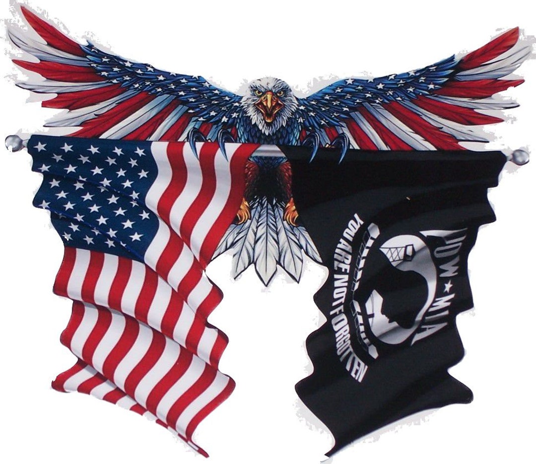 Front Facing Wing Spread American Flag Eagle Holding American & POW MIA ...