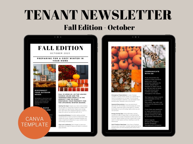 Fall Tenant Newsletter Template: Editable Real Estate Newsletter (canva ...
