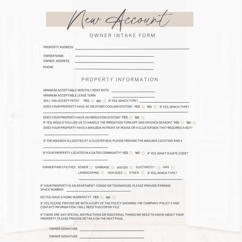 New Owner Intake Form | Property Management | Real Estate | Editable ...