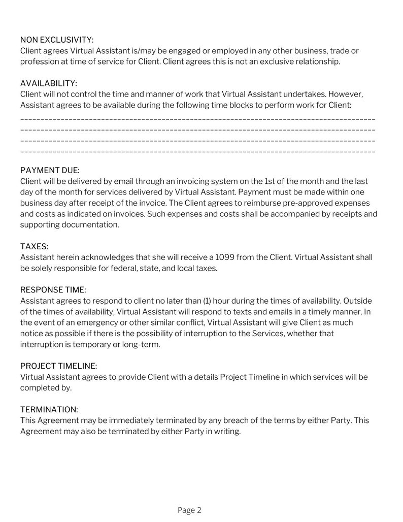 Virtual Assistant Agreement Template: Editable VA Client Contract ...