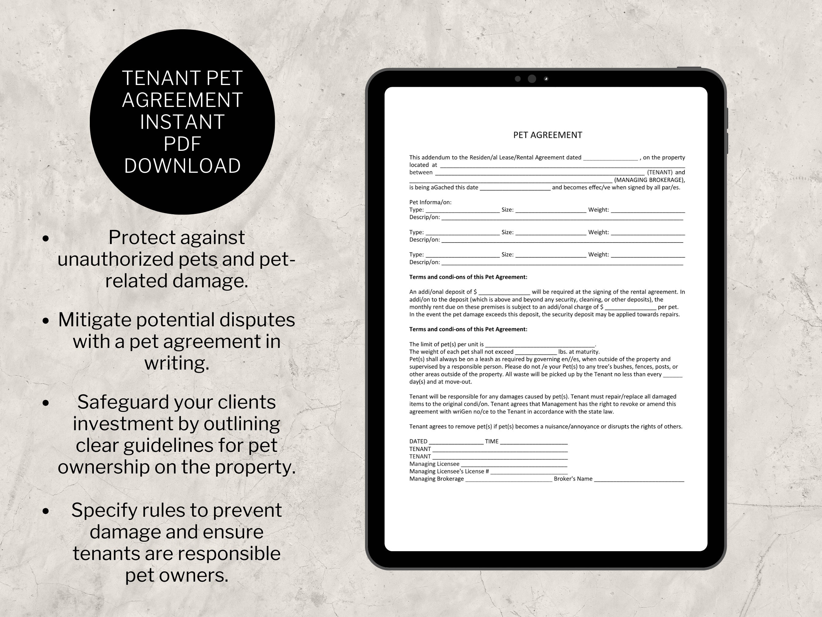 Tenant Pet Agreement | Property Management Form | PDF Instant Download ...