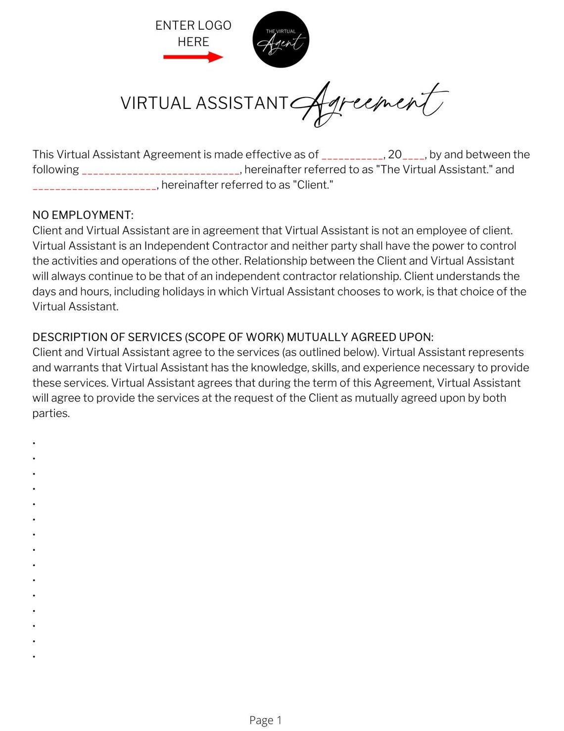 Virtual Assistant Agreement | VA Agreement | Client Agreement | Virtual ...