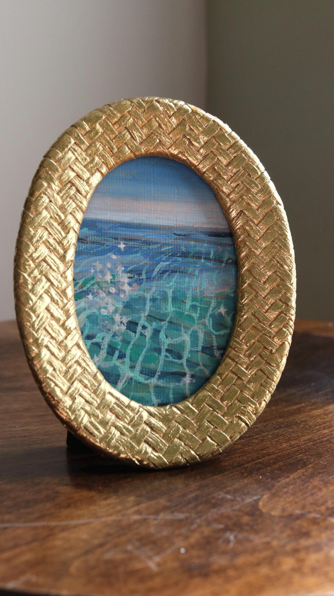 Original ocean Blues Framed Mini Acrylic Painting on Linen in Vintage ...
