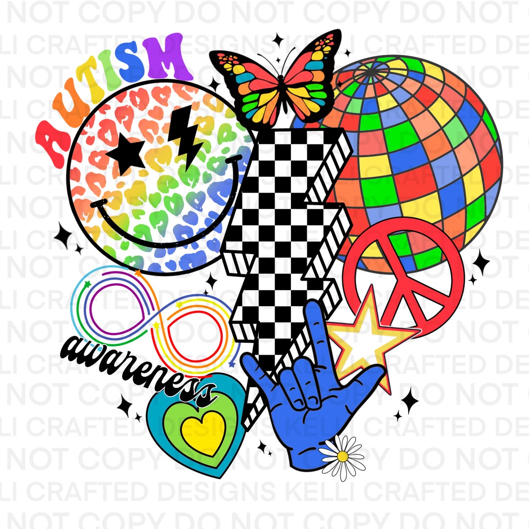 Retro Autism Awareness Smiley Png Digital Download for Sublimation or ...