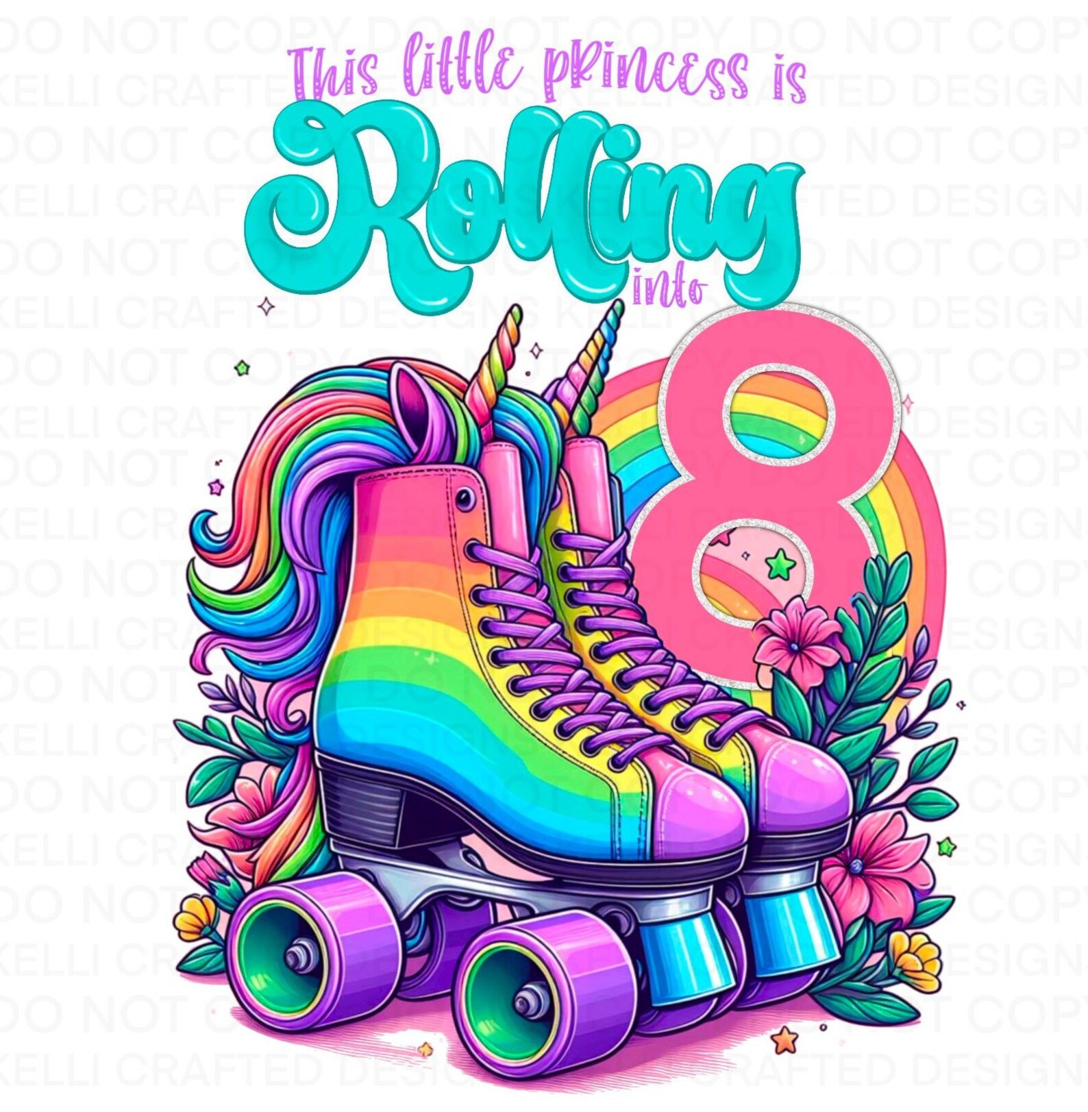Rolling Into 8 Unicorn Skating Birthday Girl Png Digital Design for ...