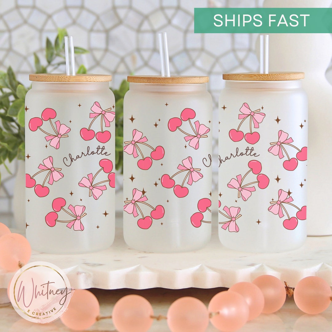 Personalized Coquette Bows and Cherries Pink Bow Cup, Coquette Cherry Tumbler Bow Glass ...