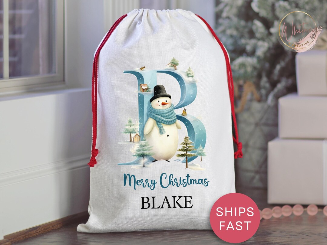 Personalized Snowman Gift Bag, Custom Initial Christmas Bag, Reusable ...