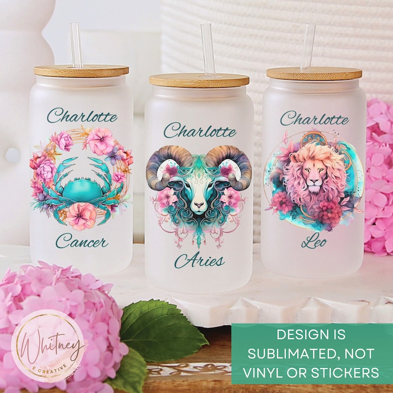 Custom Zodiac Glass Cup, Personalized Celestial Astrology Sign Tumbler ...