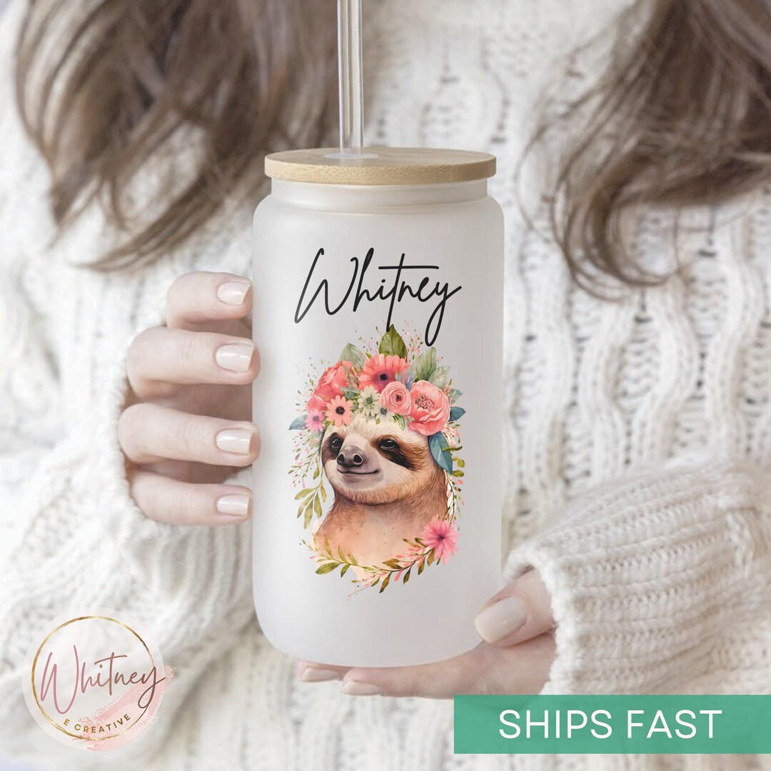 Personalized Sloth Glass Cup, Custom Sloth Cup Birthday Gift for Sloth ...
