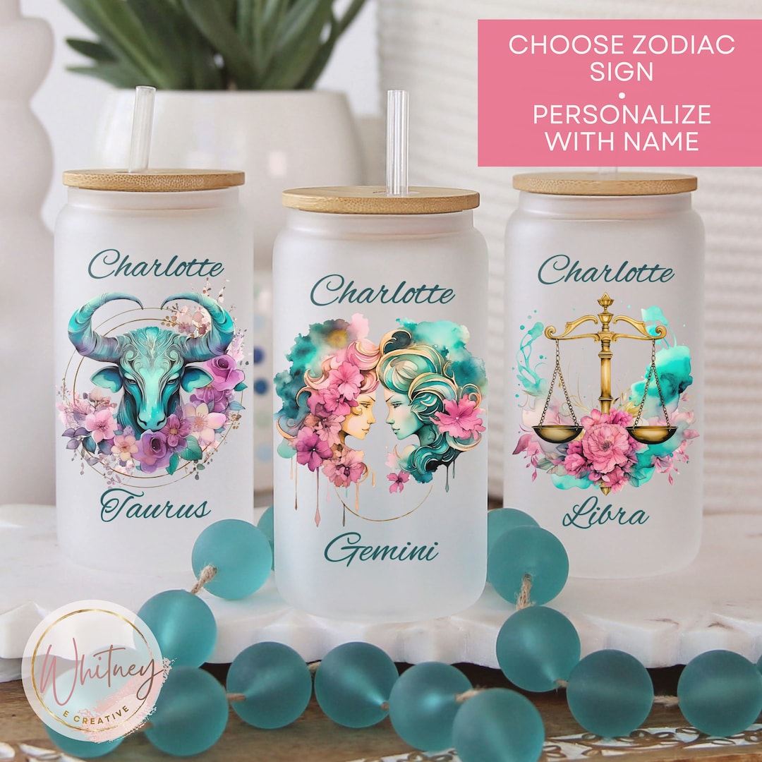 Custom Zodiac Glass Cup, Personalized Celestial Astrology Sign Tumbler ...