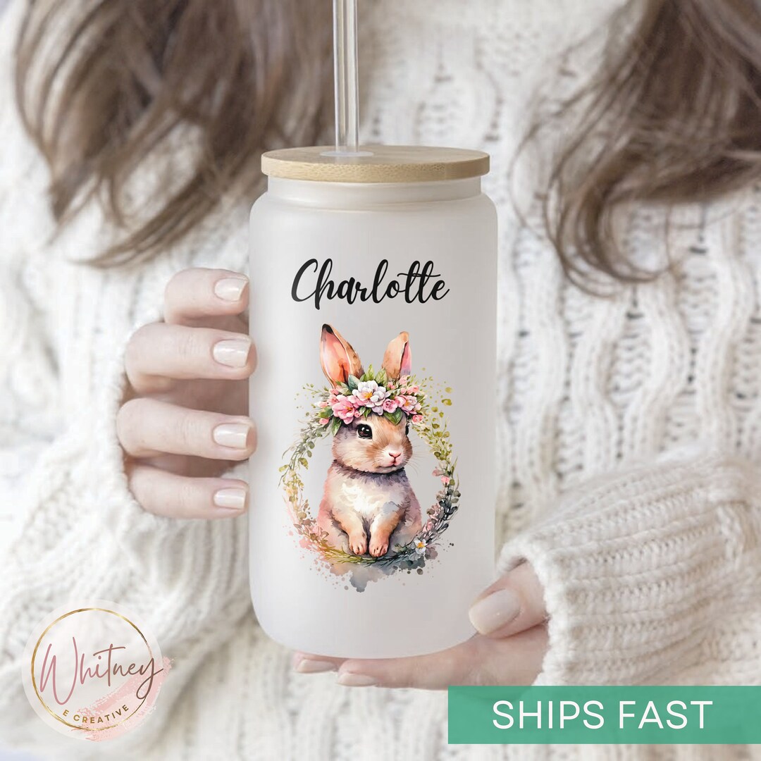 Personalized Bunny Glass Cup, Custom Rabbit Cup Birthday Gift for ...