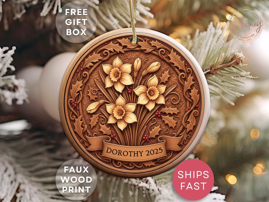 Personalized December Birth Flower Ornament, Custom Faux Wood December ...