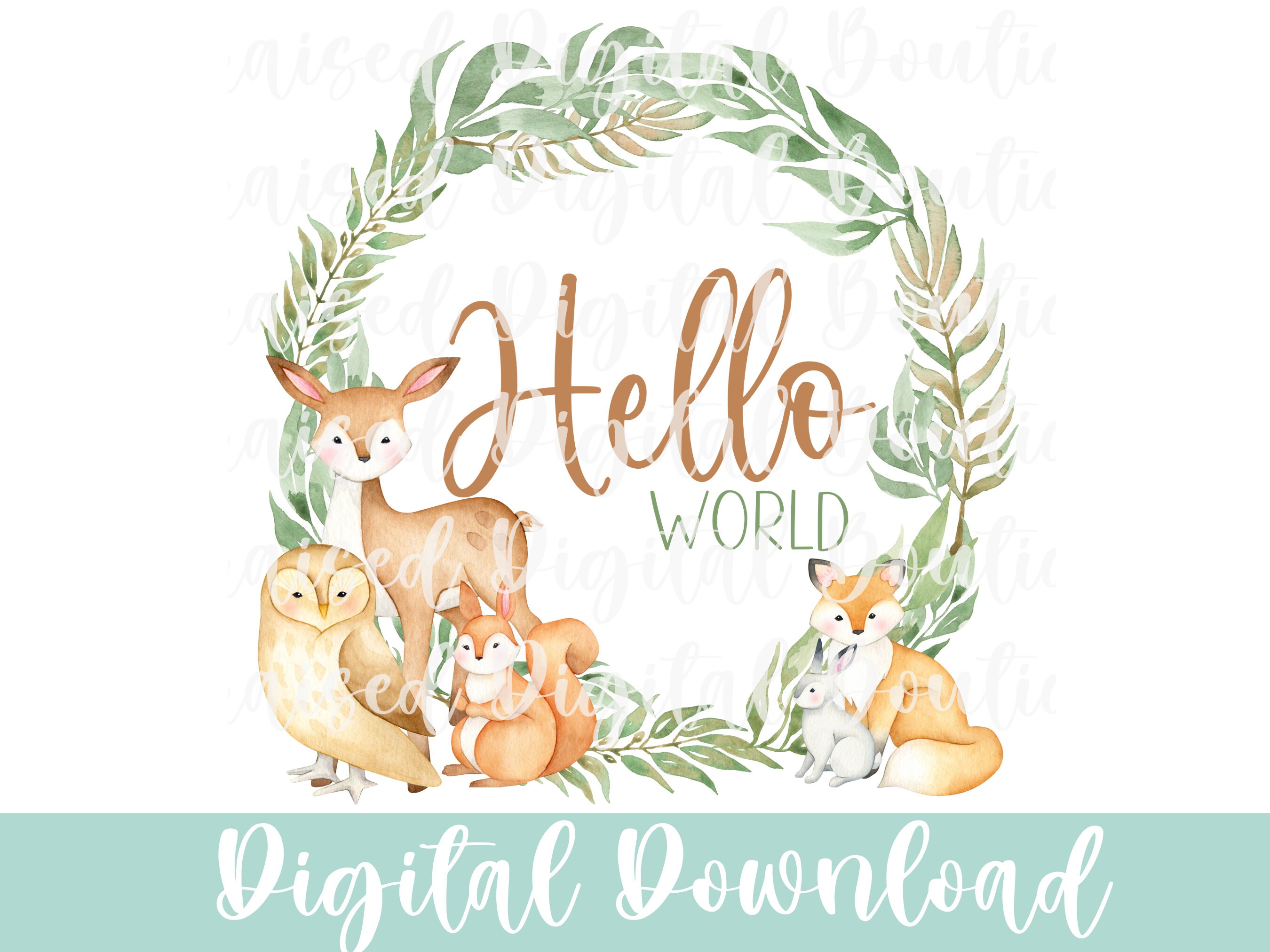 Woodland Creatures Hello World Baby PNG Baby Birth Announcement PNG ...