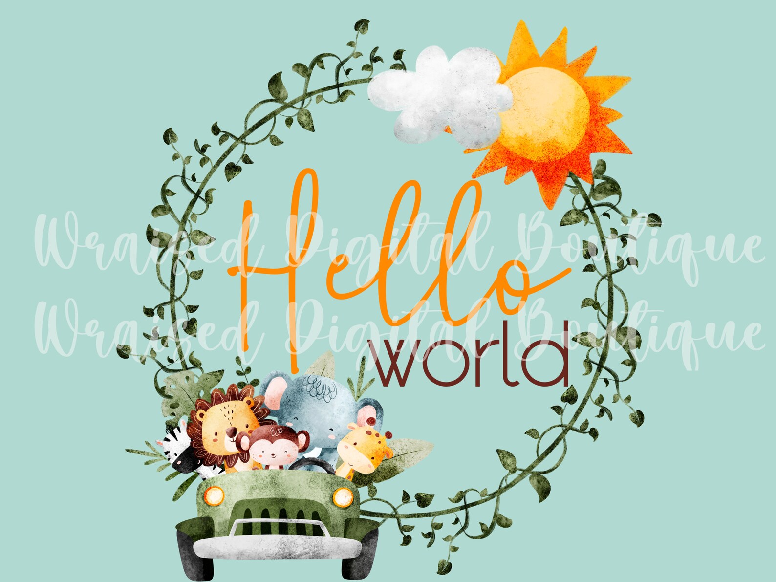 Safari Animals Hello World Baby PNG | Baby Birth Announcement PNG ...