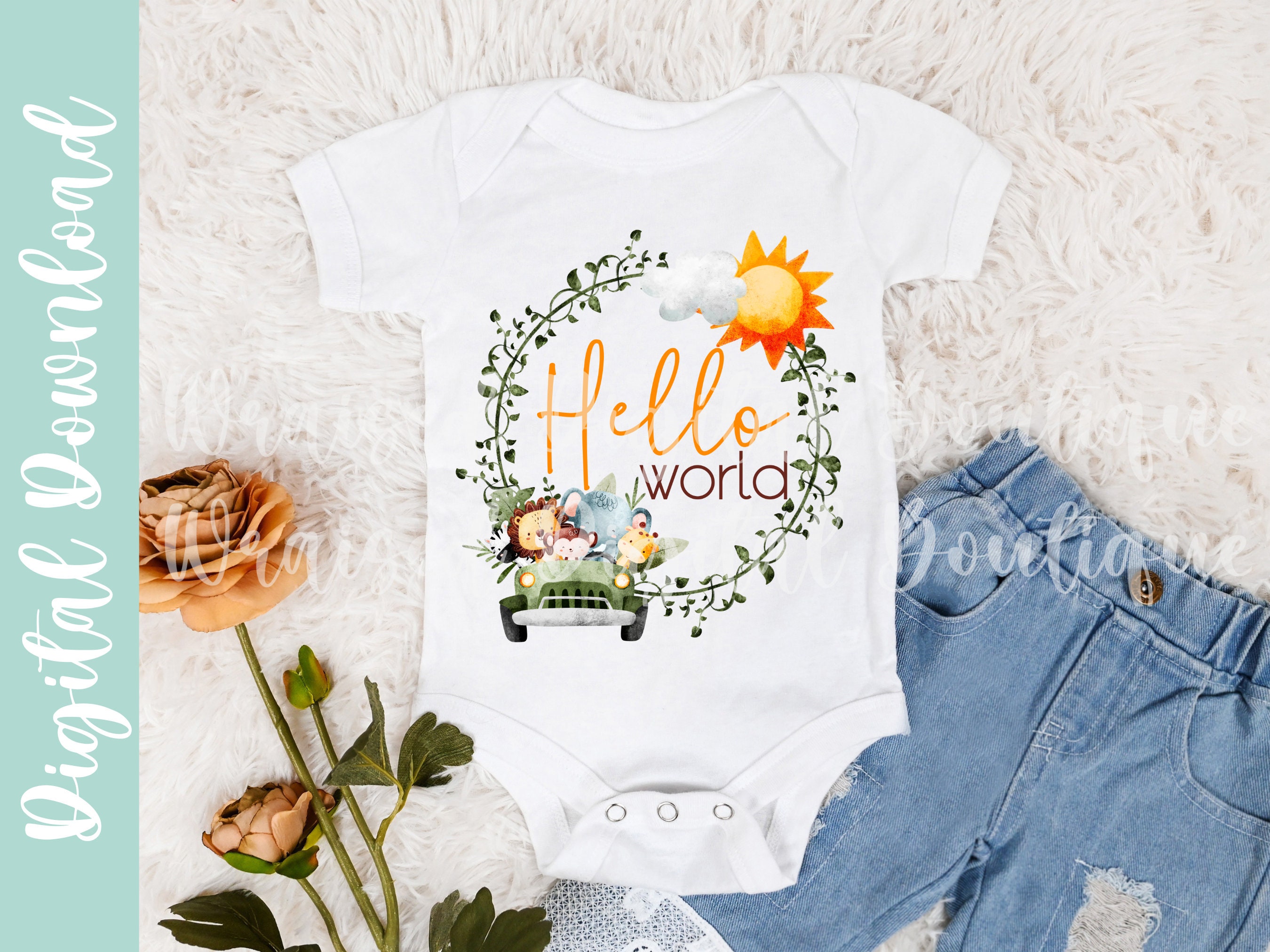 Safari Animals Hello World Baby PNG Baby Birth Announcement PNG, Hello ...