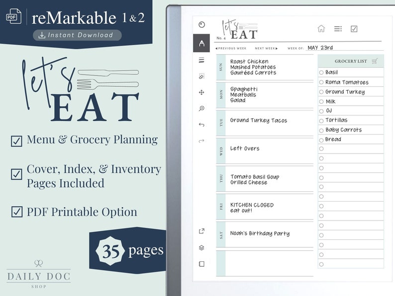Remarkable 1 & 2 Menu Meal Grocery Planner | Right Hand | PDF Printable ...