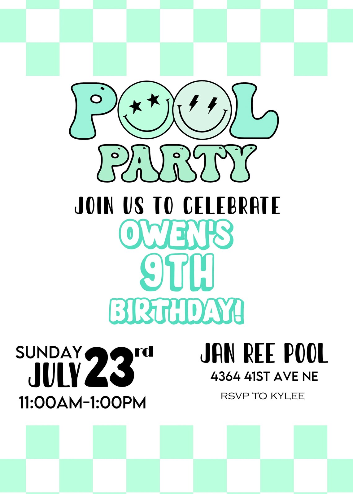 Smiley Invitation, Pool Party Birthday, Checkered Invitation, Trendy ...