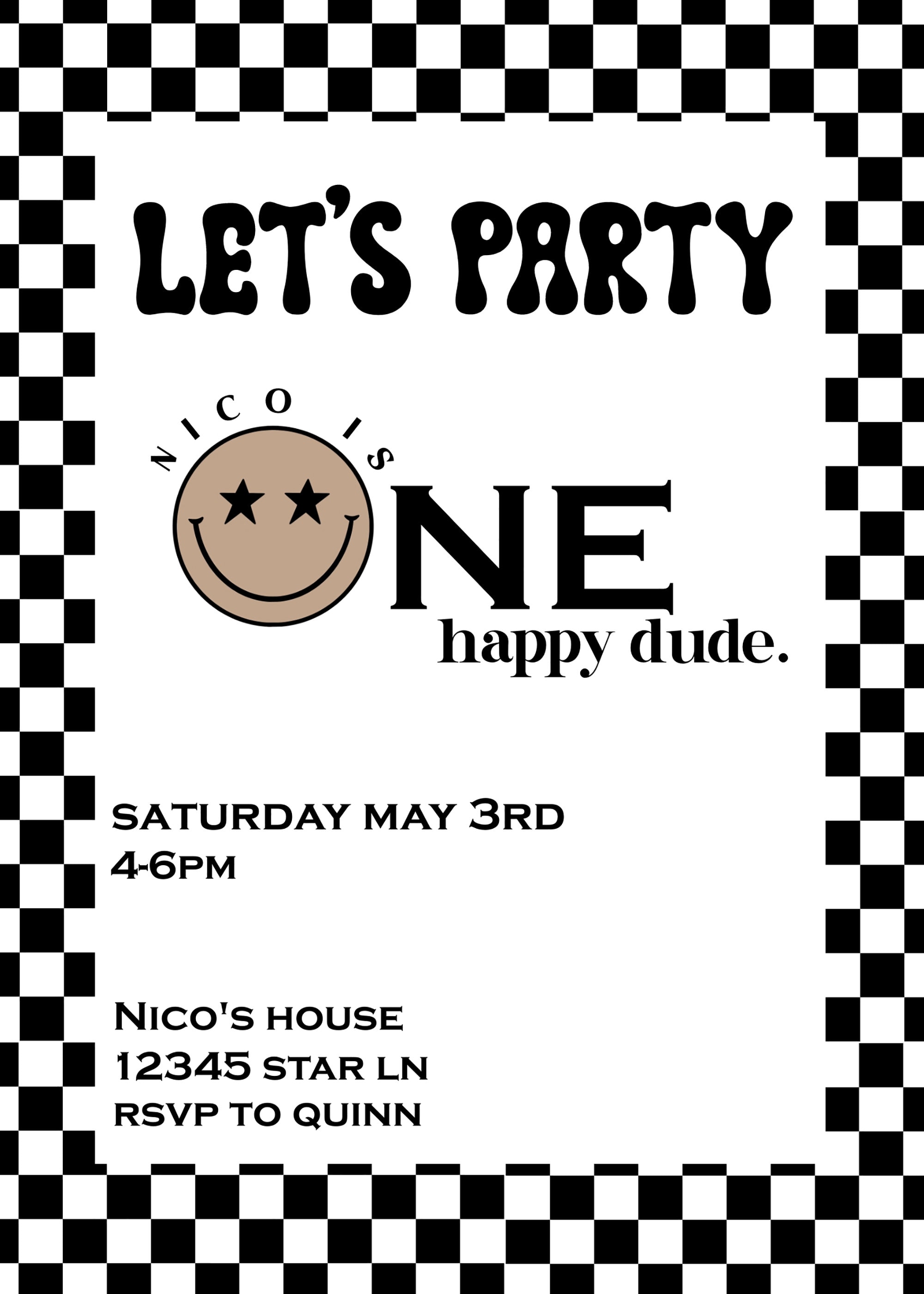 One Happy Dude, Smiley Invitation, Smiley Birthday, Checkered, Black ...