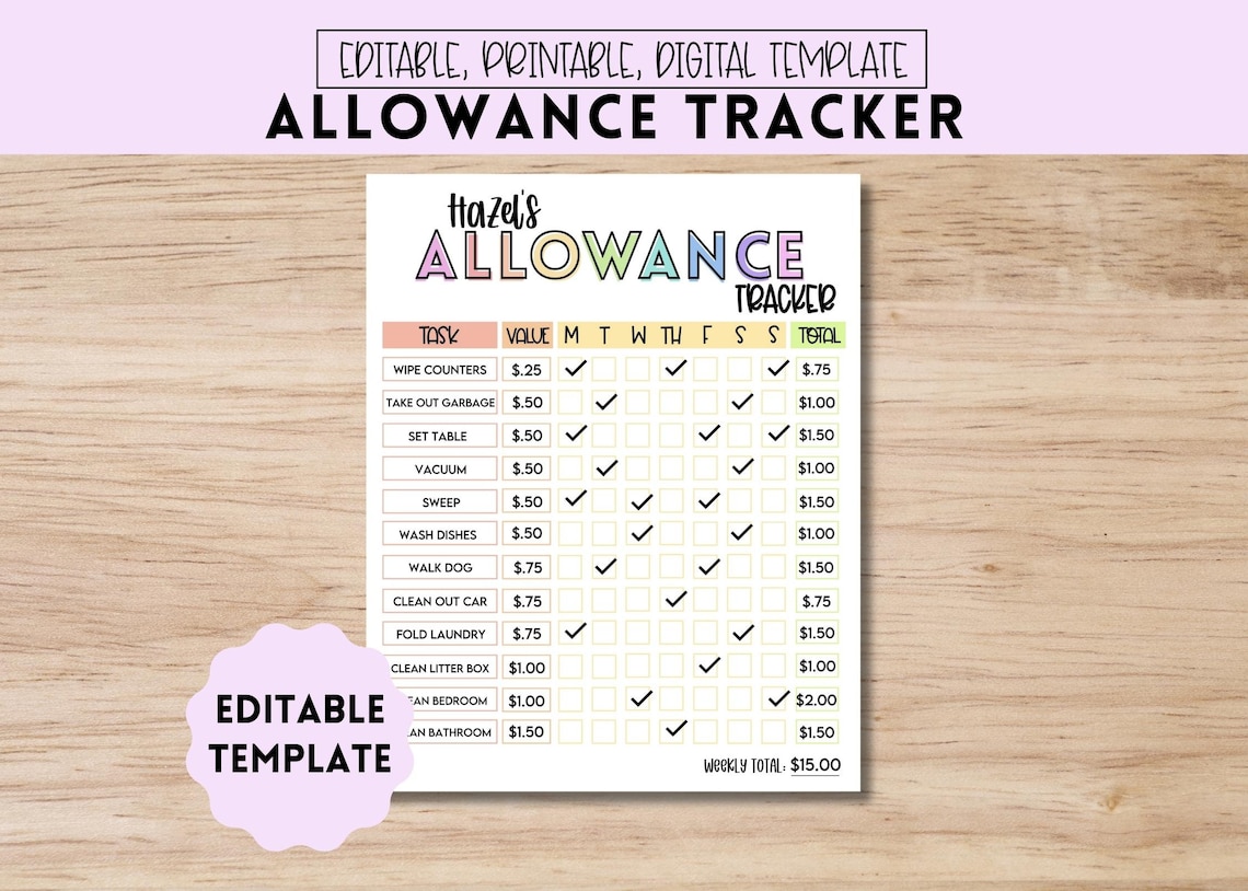 Editable Allowance Tracker, Kids Chart, Organization, Weekly ...