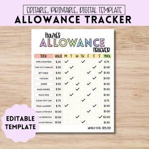 Editable Allowance Tracker, Kids Chart, Organization, Weekly ...