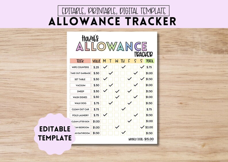 Editable Allowance Tracker, Kids Chart, Organization, Weekly ...