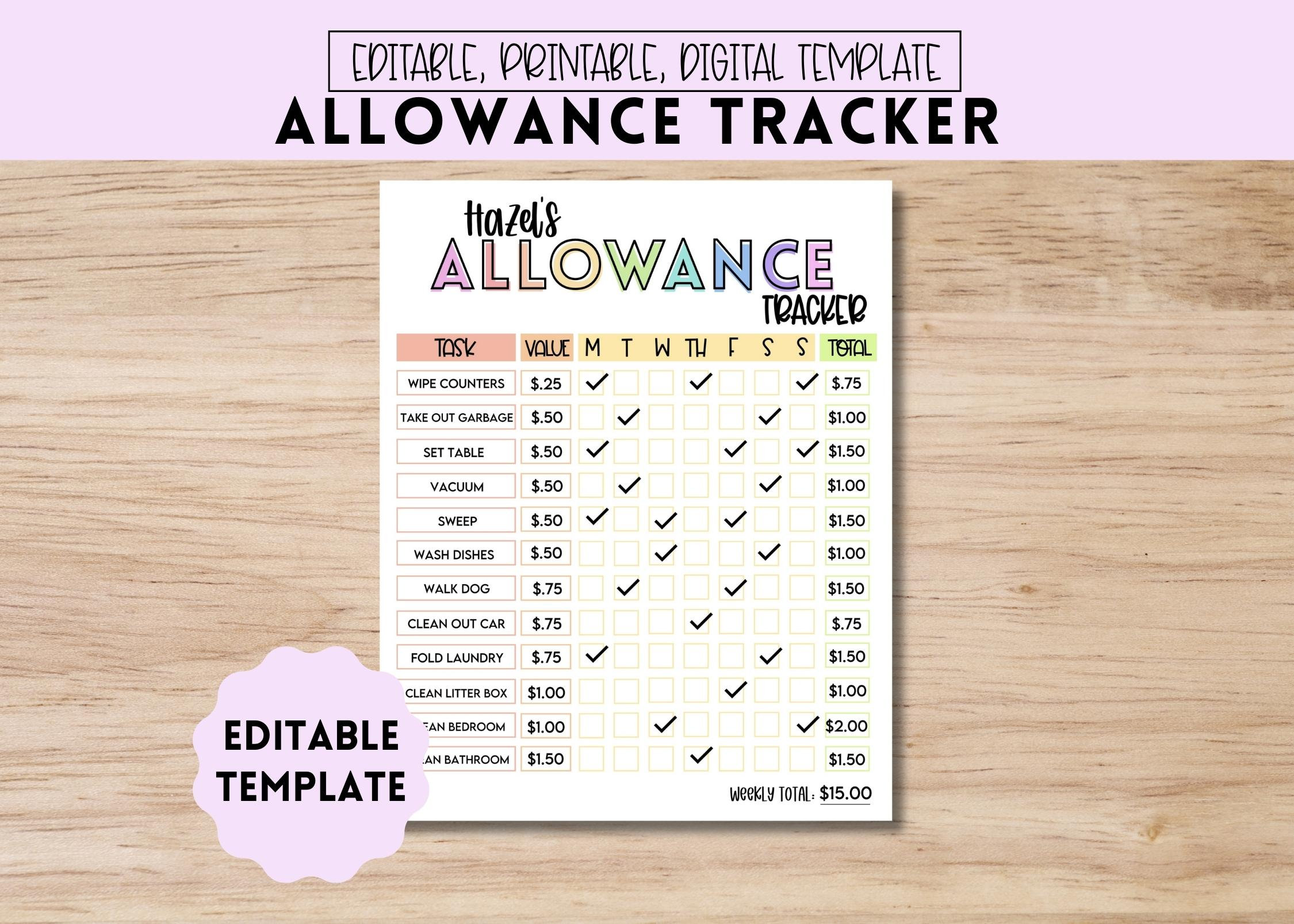 Editable Allowance Tracker, Kids Chart, Organization, Weekly ...