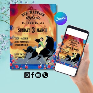 Kids Mulan Birthday Invitation, Girls Princess Birthday Invite ...