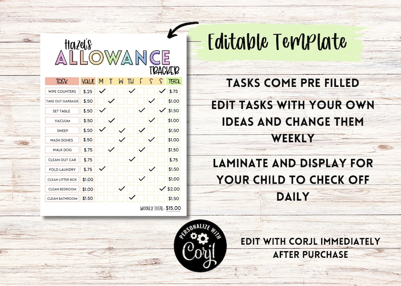 Editable Allowance Tracker, Kids Chart, Organization, Weekly ...