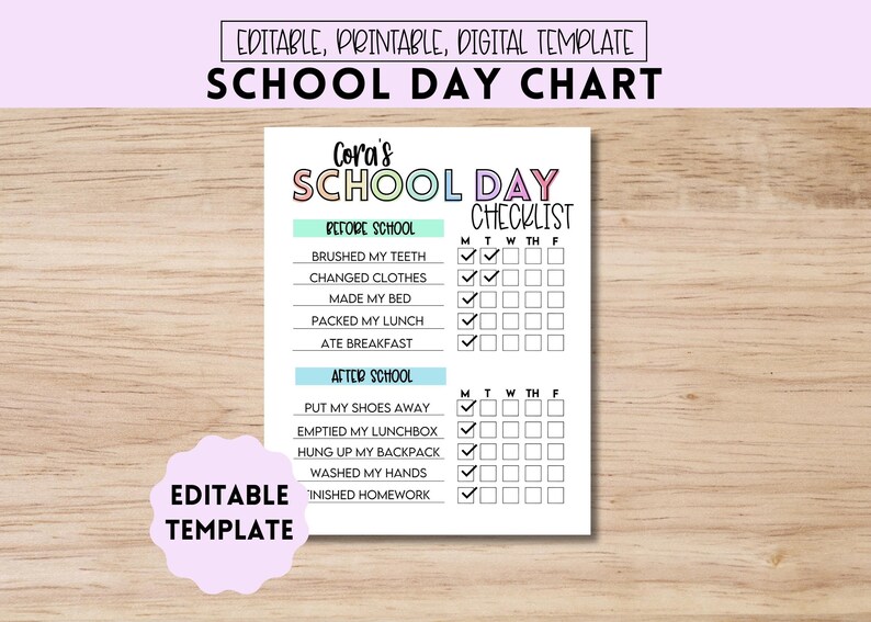 Editable School Day Checklist, Before School, After School, Kids Chart ...