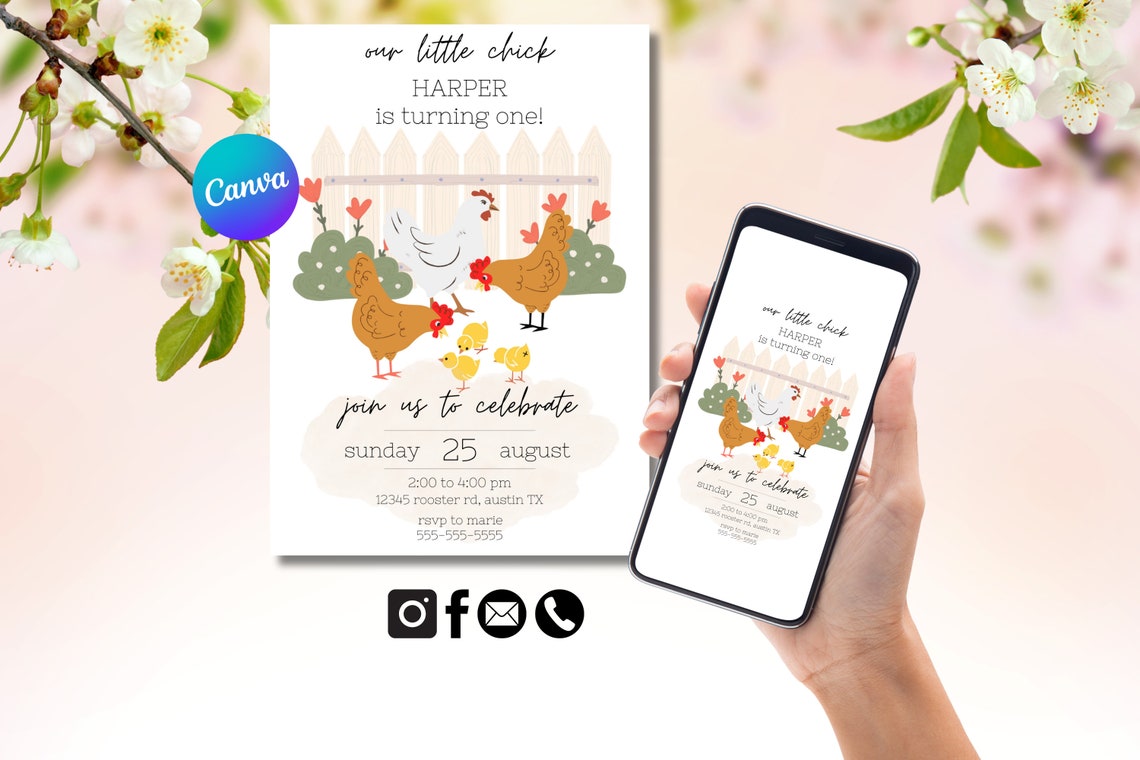 First Birthday Chicken Invitation, Minimalist Kids Birthday Invitation ...