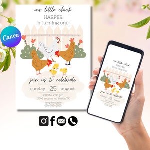 First Birthday Chicken Invitation, Minimalist Kids Birthday Invitation ...