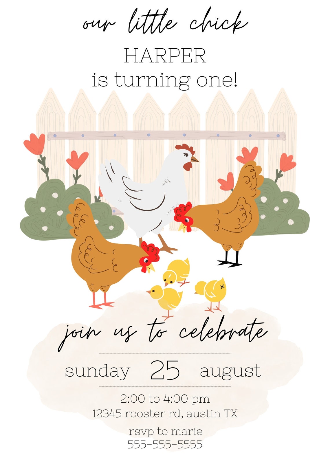 First Birthday Chicken Invitation, Minimalist Kids Birthday Invitation ...