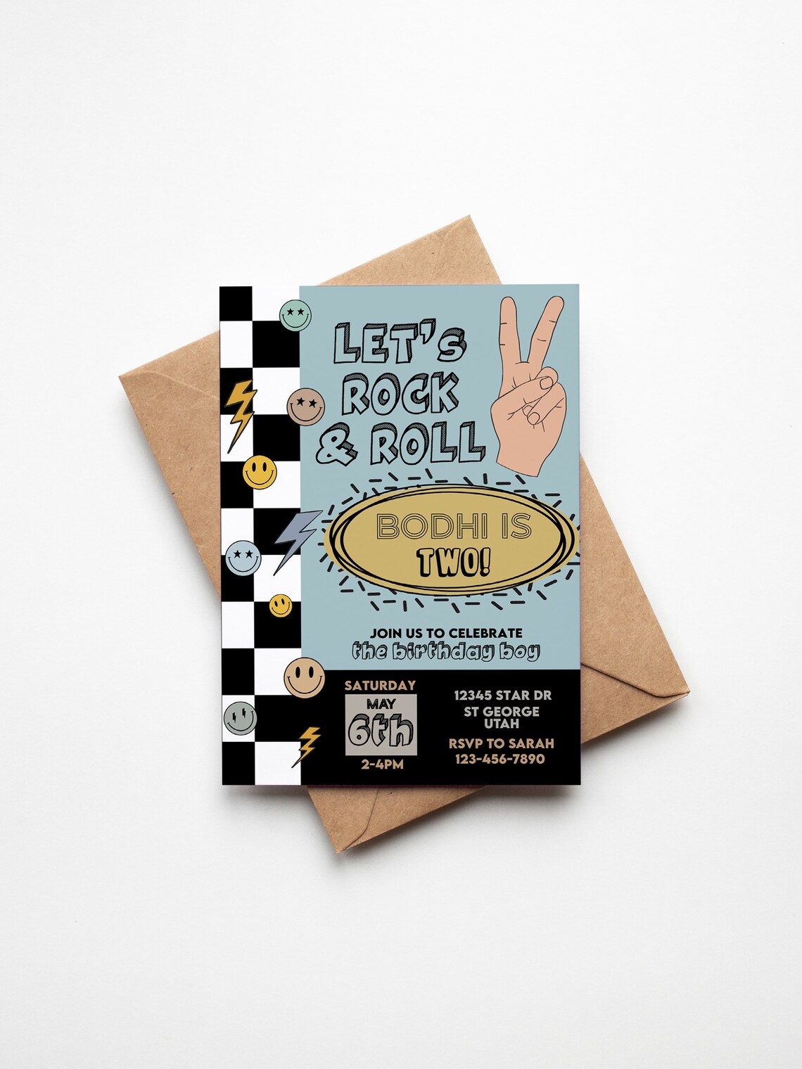 Smiley Invitation, Rock and Roll Invitation, Boys Birthday, Boys ...