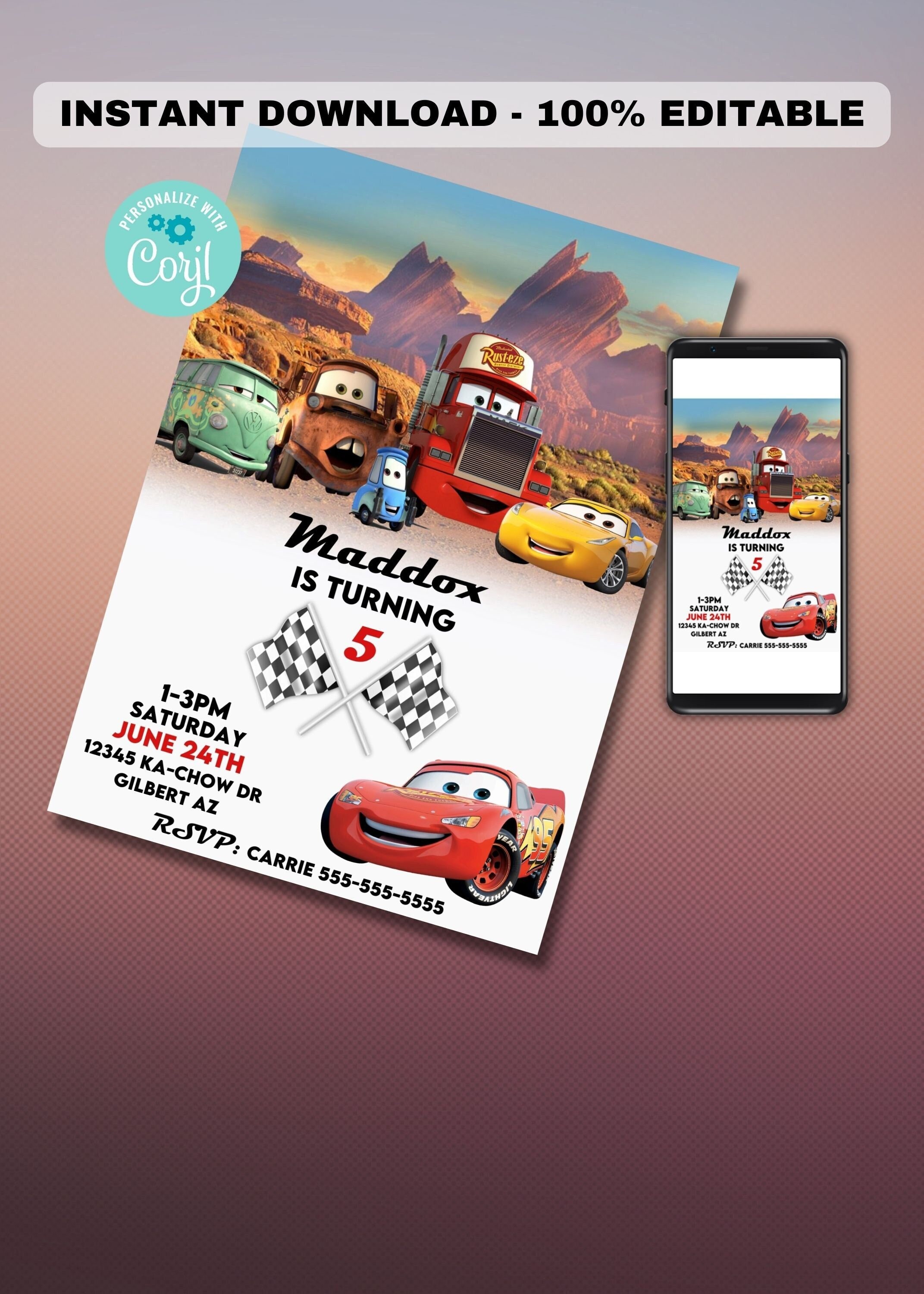 Invitación de cumpleaños de Cars Invitación de Cars - Etsy México