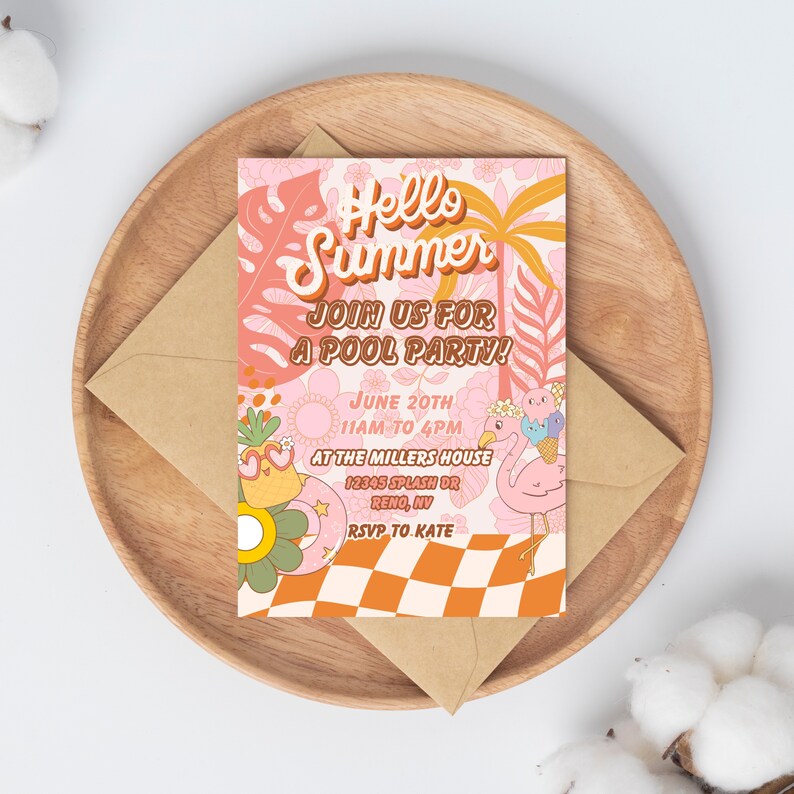 Summer Pool Party Digital Invitation, Retro Pool Party Invite, Schools ...