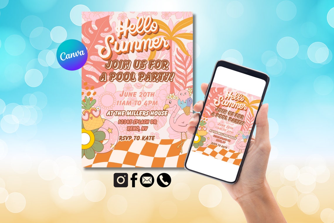 Summer Pool Party Digital Invitation, Retro Pool Party Invite, Schools ...