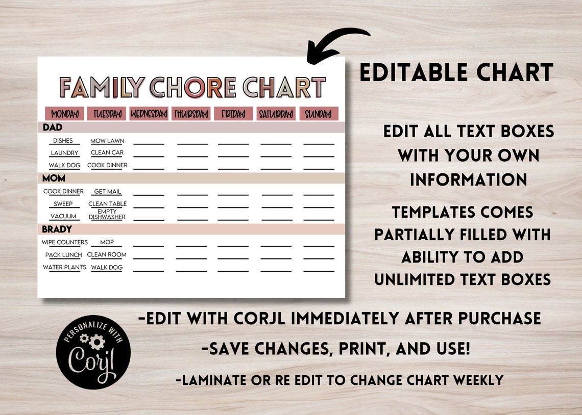 Editable Family Chore Chart, Chore Tracker, Organization, Printable ...