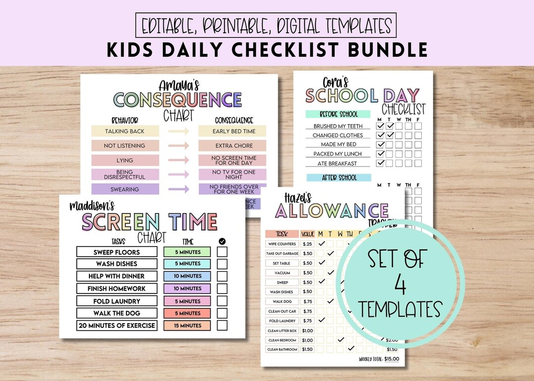 Editable Daily Checklist Bundle, Allowance Tracker, Kids Chore Chart ...