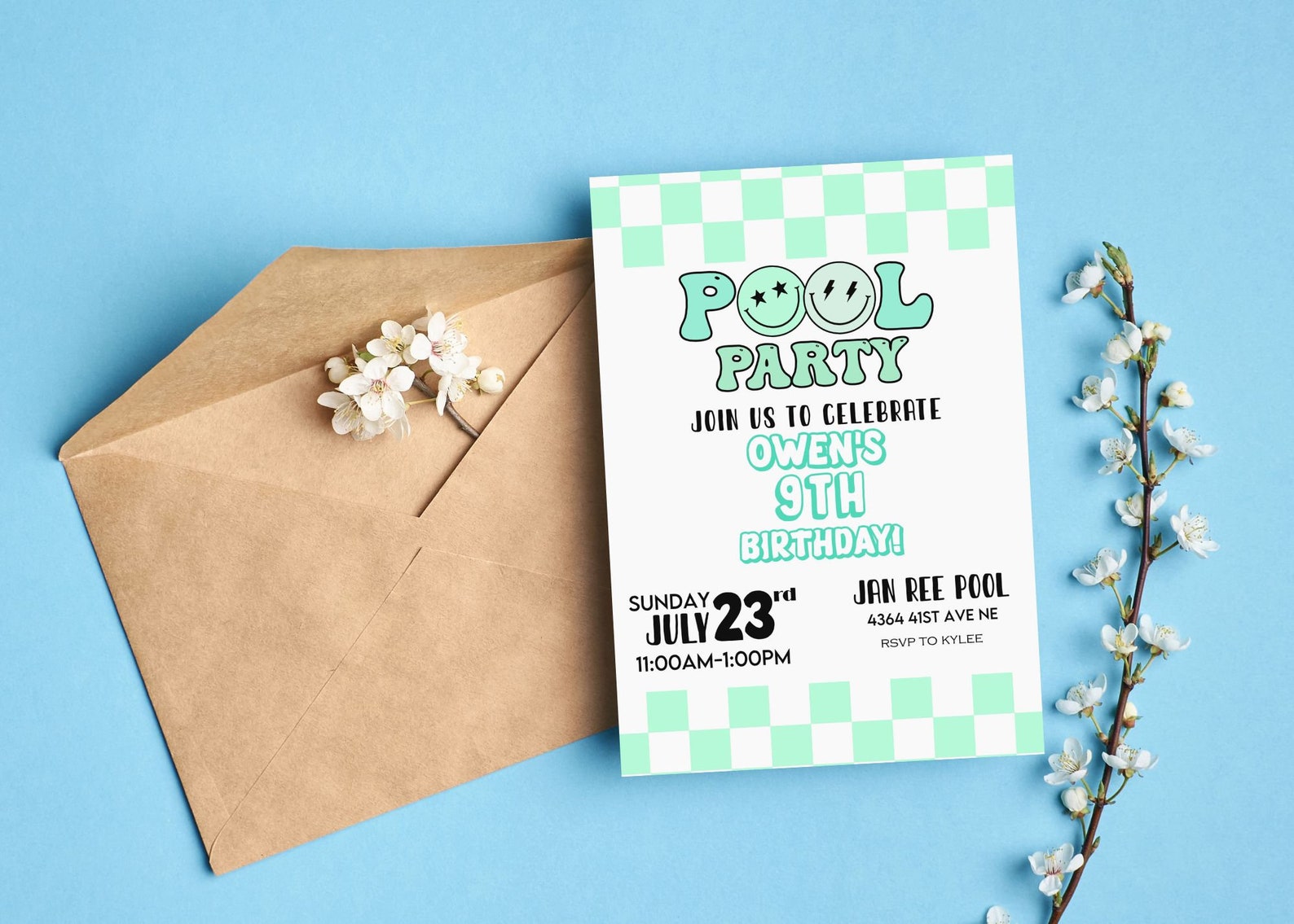 Smiley Invitation, Pool Party Birthday, Checkered Invitation, Trendy ...