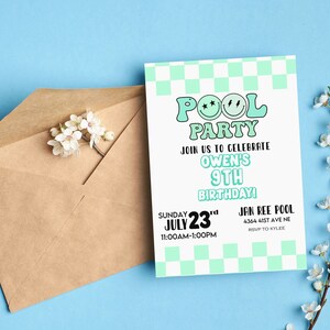 Smiley Invitation, Pool Party Birthday, Checkered Invitation, Trendy ...