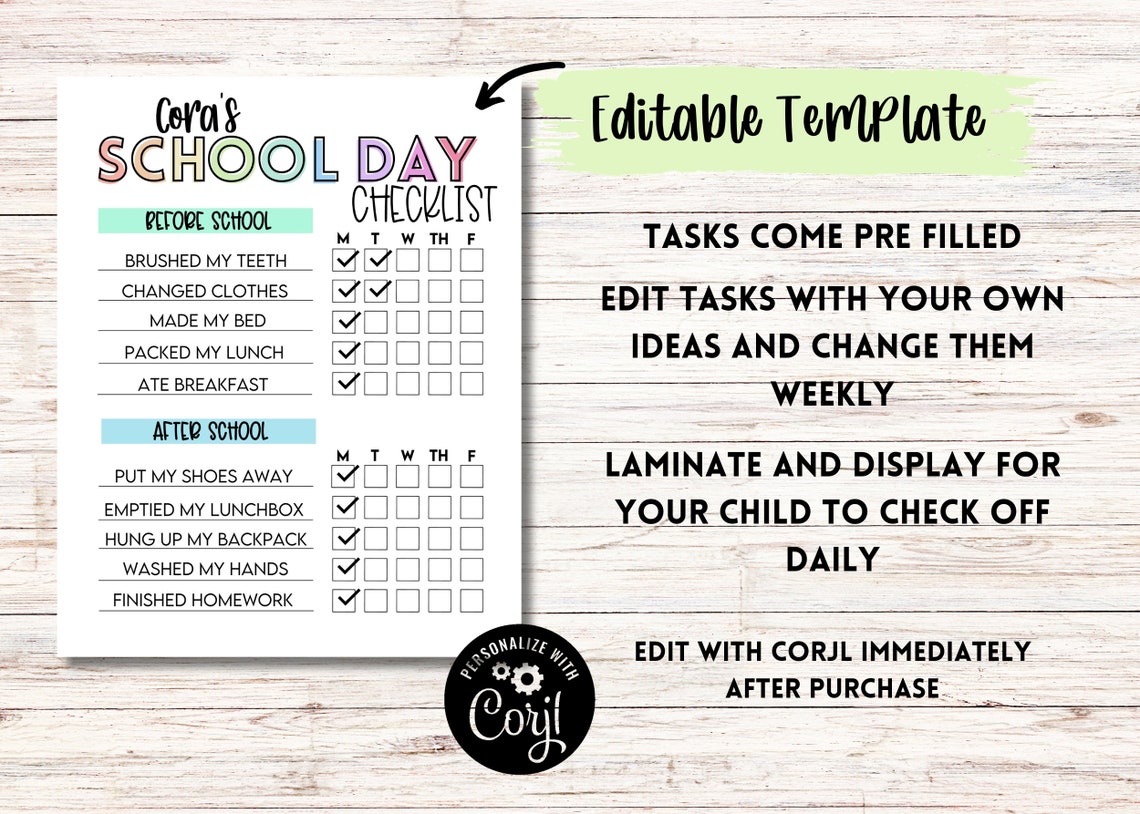Editable School Day Checklist, Before School, After School, Kids Chart ...