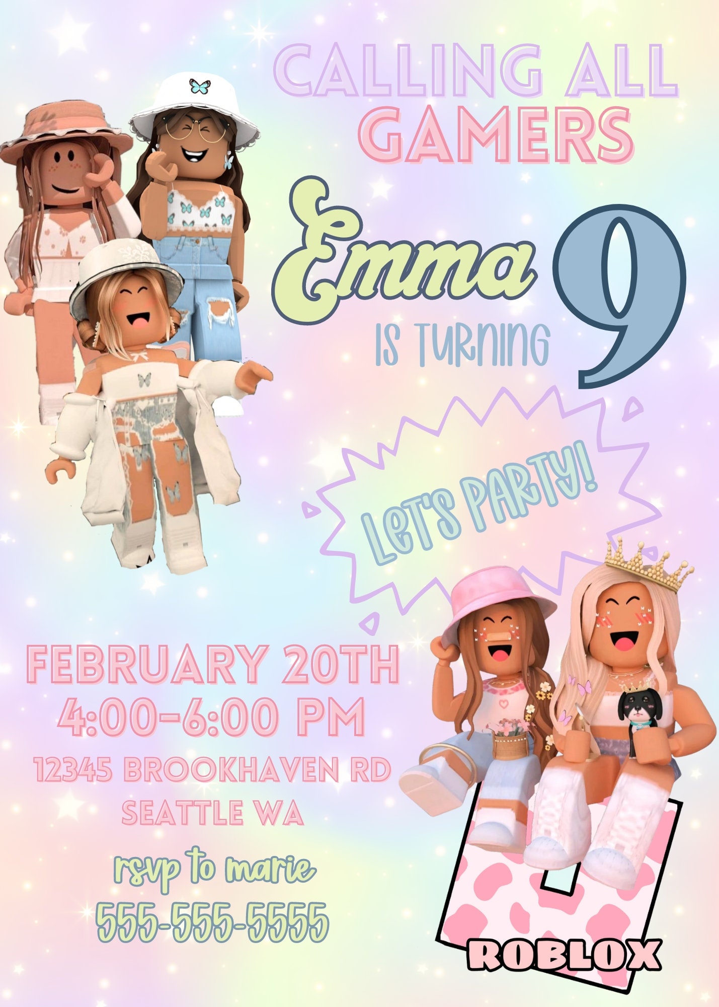 Girly Roblox Editable Birthday Invitation, Cute Gamer Birthday ...