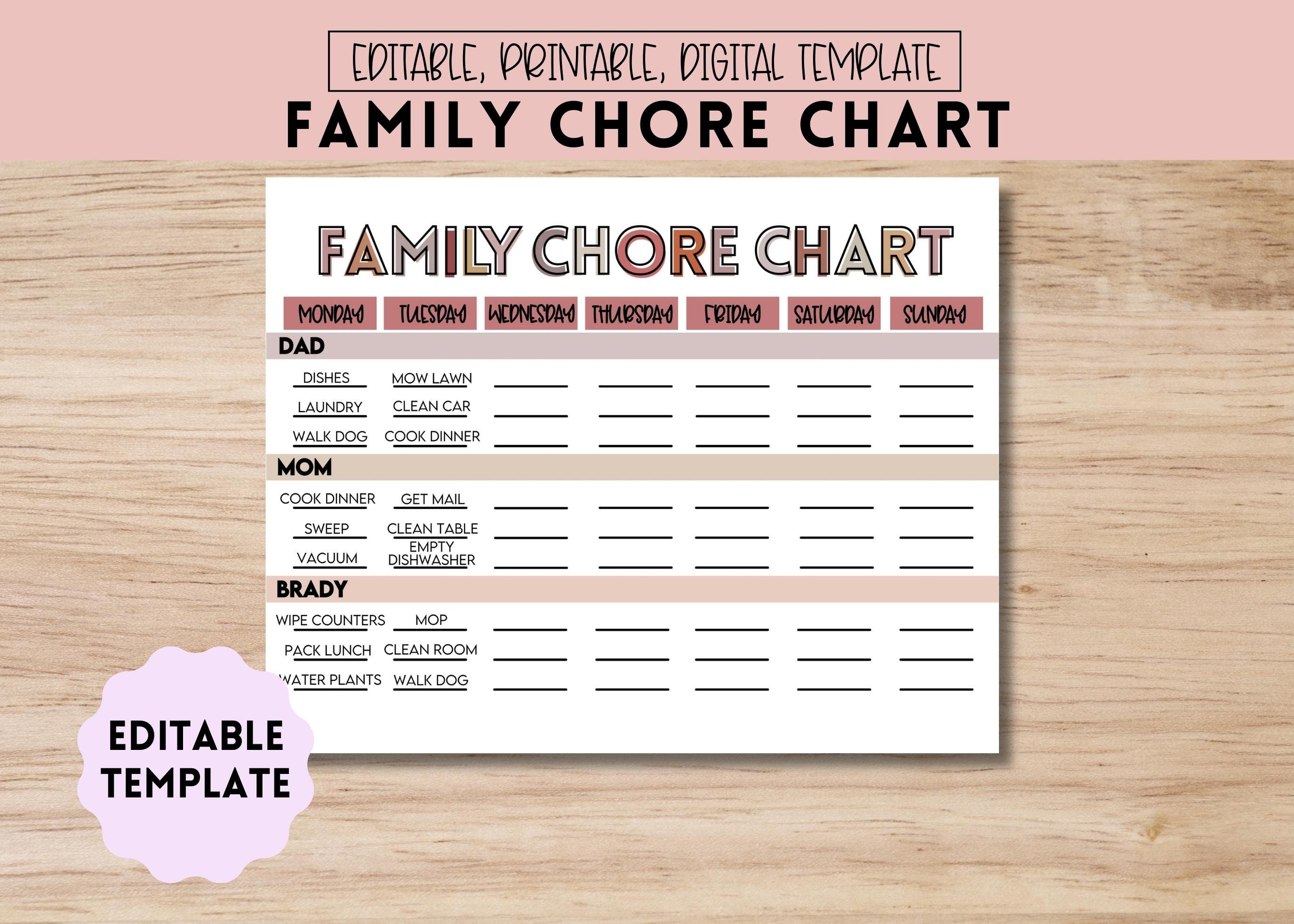 Editable Family Chore Chart, Chore Tracker, Organization, Printable ...