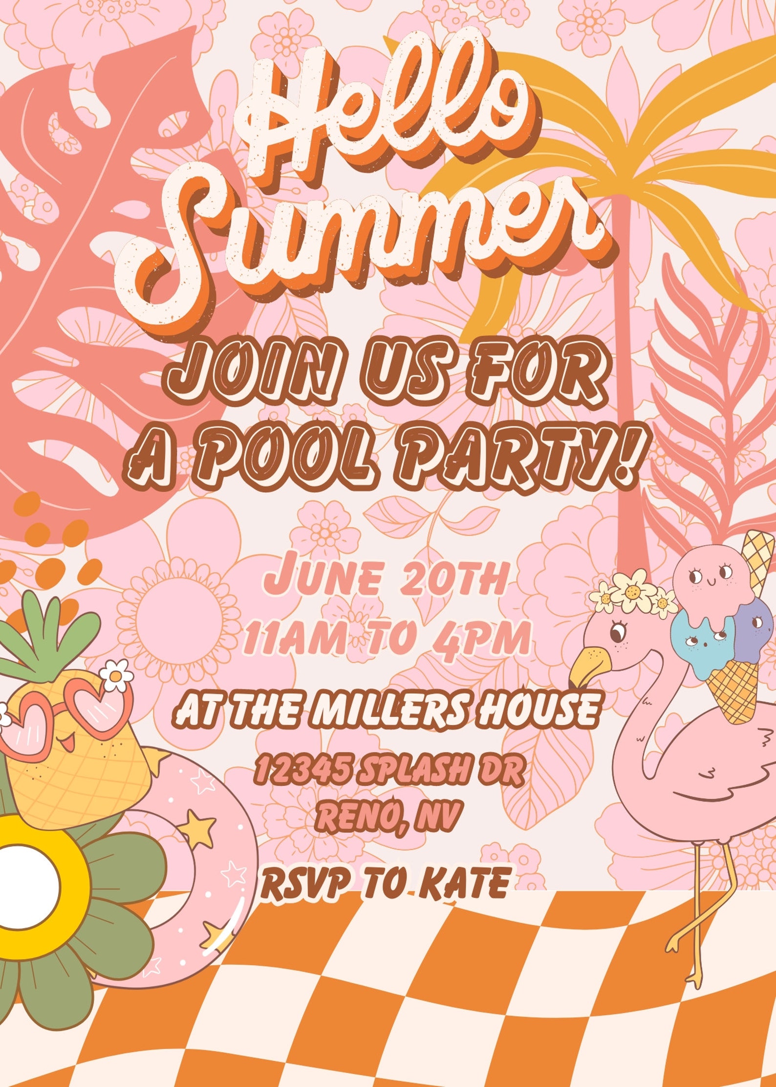 Summer Pool Party Digital Invitation, Retro Pool Party Invite, Schools ...